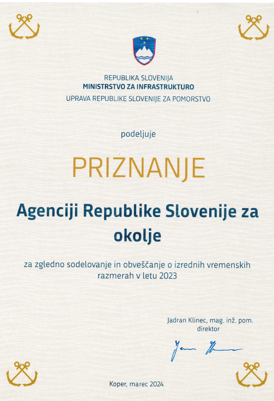 Uprava za pomorstvo podelila priznanje Agenciji za okolje | GOV.SI